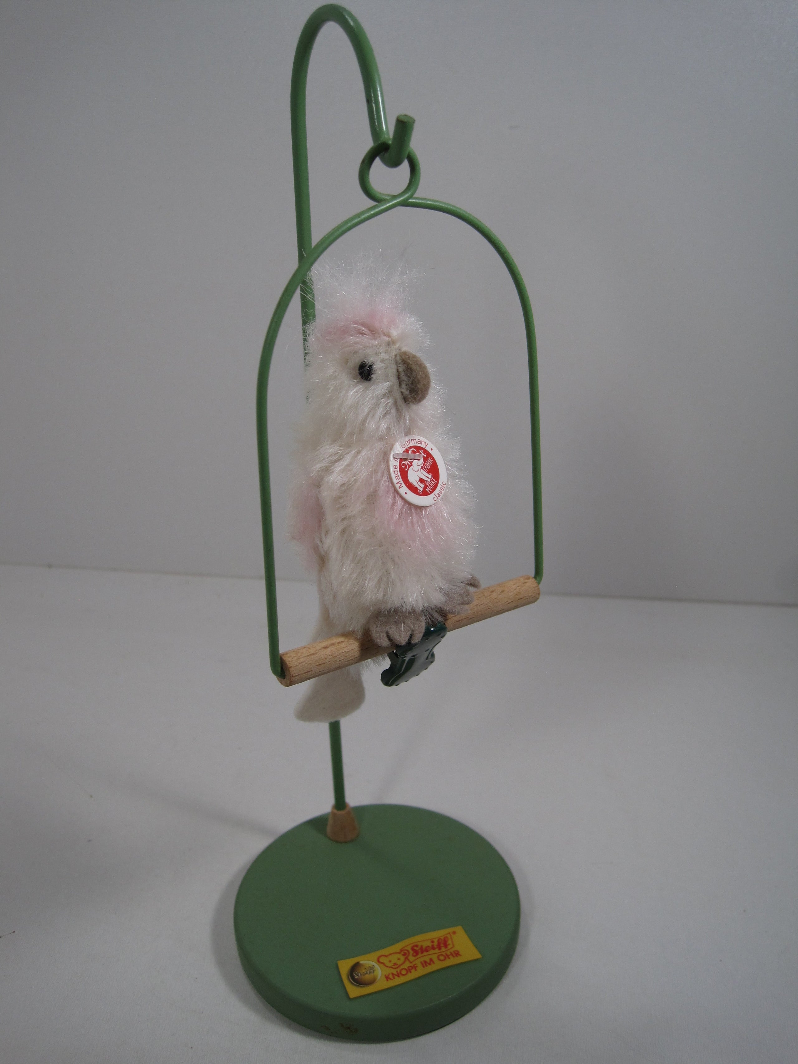 Steiff Mohair and Felt Cockatoo Clip Bird On A Wooden and Metal Perch ...
